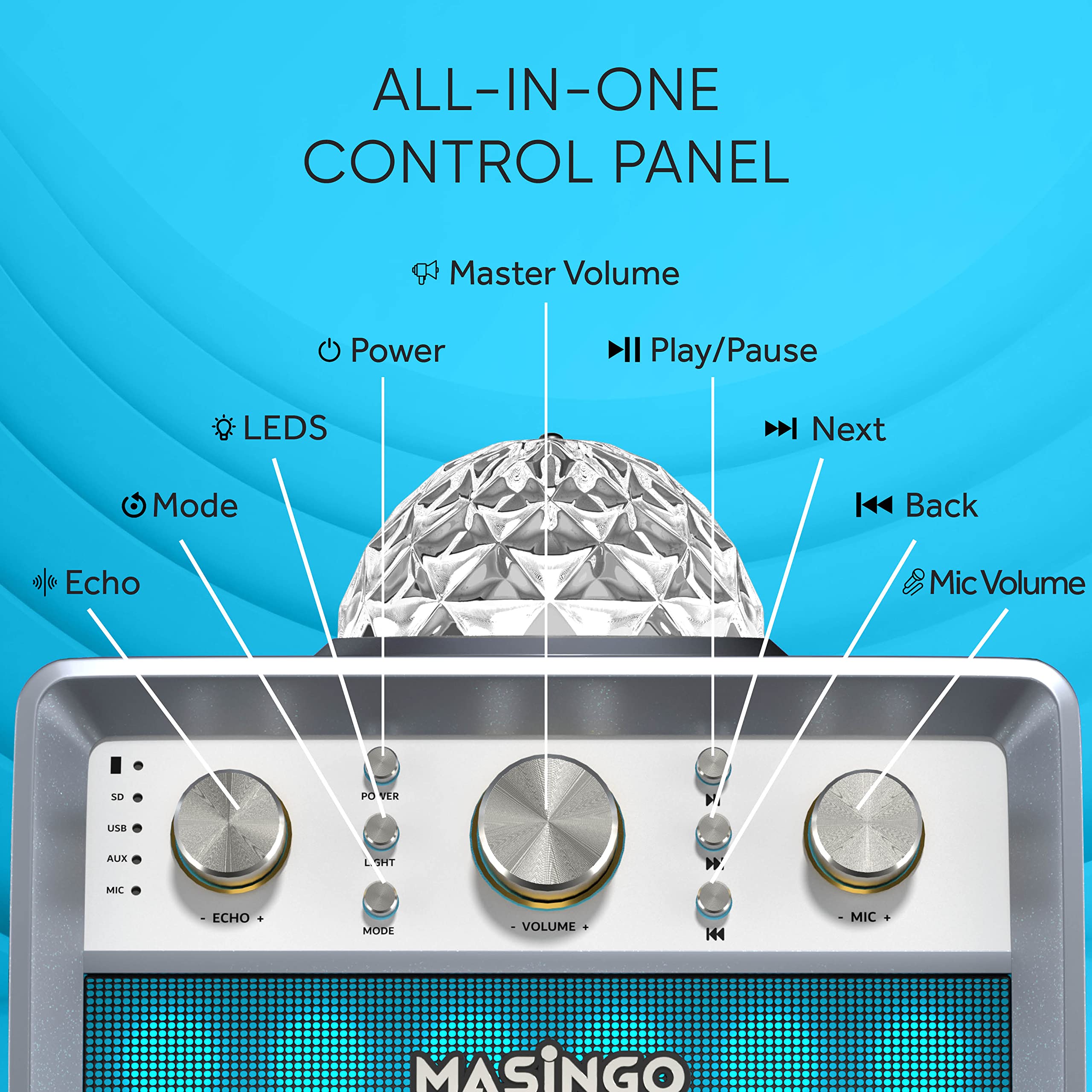 MASINGO 2023 Karaoke Machine for Adults & Kids with 2 Wireless Microphones - Portable Singing PA Speaker System Set w/Two Bluetooth Mics, Disco Ball Party Lights & TV Cable - Ostinato M7