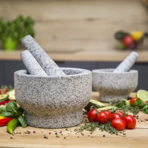 ChefSofi Mortar and Pestle Sets - The Standard 6 inch 2 Cup and The EXTRA Large 8 inch 5 Cup Capacity - Unpolished Heavy Granite for Enhanced Performance and Organic Appearance