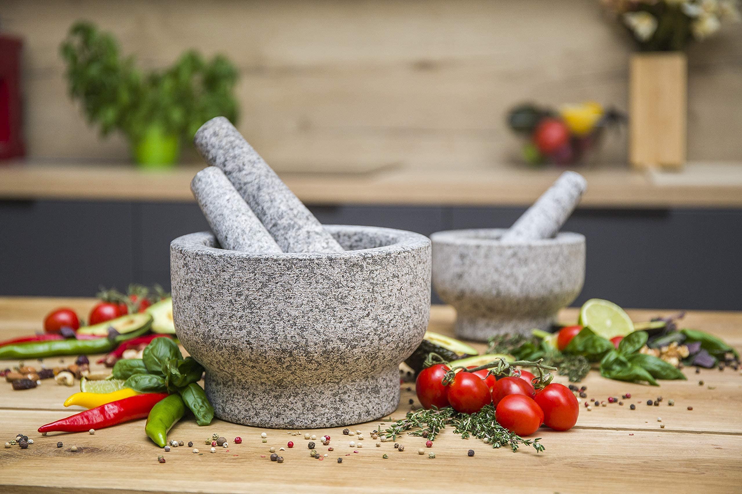 ChefSofi Mortar and Pestle Sets - The Standard 6 inch 2 Cup and The EXTRA Large 8 inch 5 Cup Capacity - Unpolished Heavy Granite for Enhanced Performance and Organic Appearance