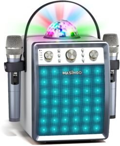 masingo 2023 karaoke machine for adults & kids with 2 wireless microphones - portable singing pa speaker system set w/two bluetooth mics, disco ball party lights & tv cable - ostinato m7