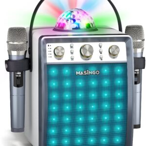 MASINGO 2023 Karaoke Machine for Adults & Kids with 2 Wireless Microphones - Portable Singing PA Speaker System Set w/Two Bluetooth Mics, Disco Ball Party Lights & TV Cable - Ostinato M7