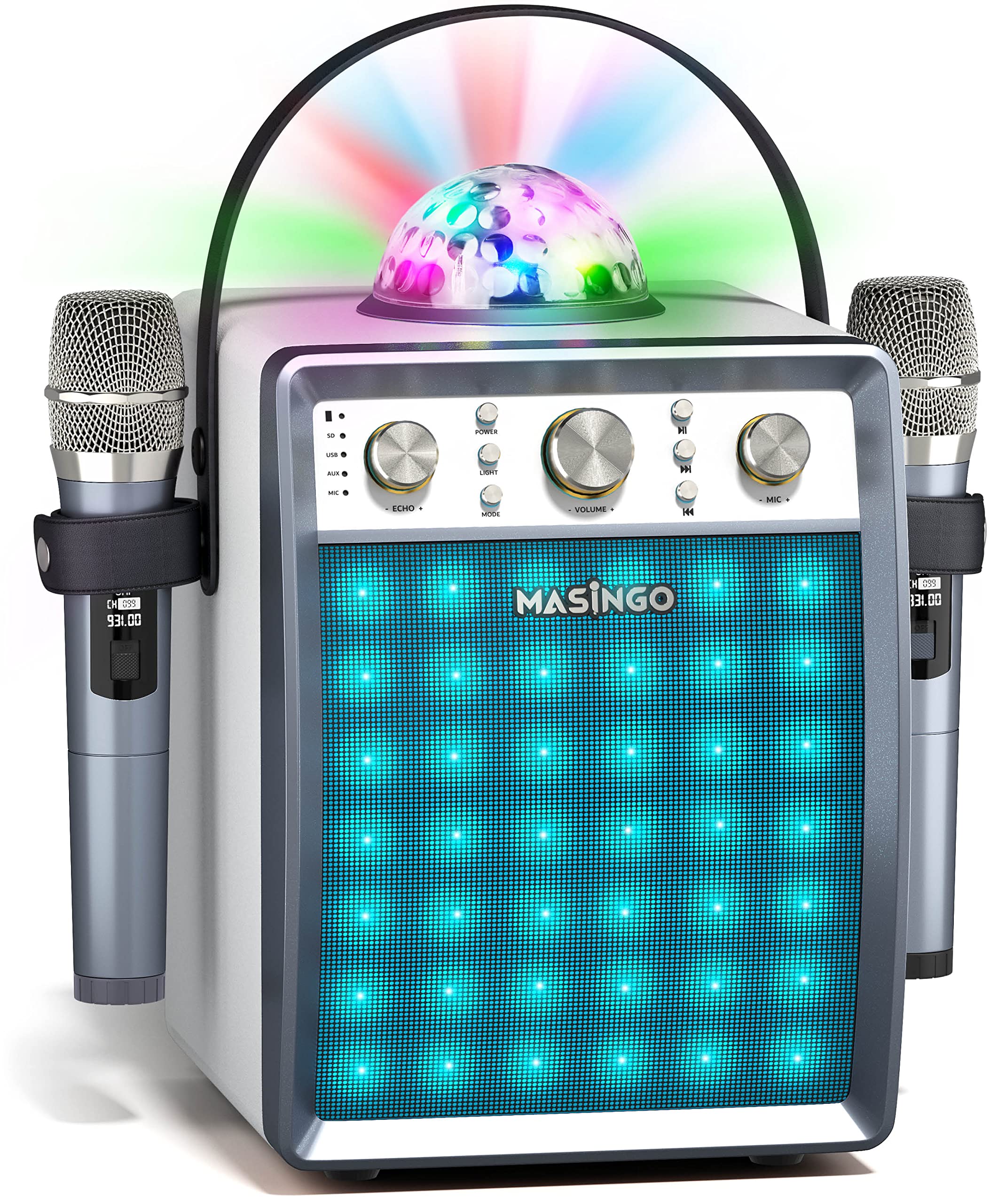 MASINGO 2023 Karaoke Machine for Adults & Kids with 2 Wireless Microphones - Portable Singing PA Speaker System Set w/Two Bluetooth Mics, Disco Ball Party Lights & TV Cable - Ostinato M7