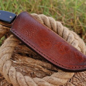 TMBrands Damascus Hunting Knife, Fixed Blade Knife & Camping Knife with Rose Wood & Buffalo Horn Handle & Knife Sheath