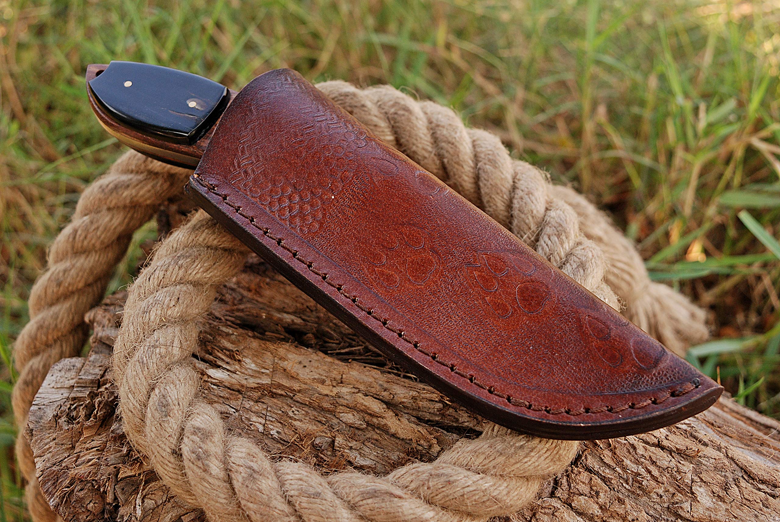 TMBrands Damascus Hunting Knife, Fixed Blade Knife & Camping Knife with Rose Wood & Buffalo Horn Handle & Knife Sheath