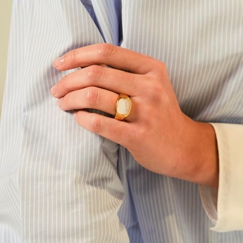 Aurelia Mae 18K Gold Plated Chunky Mother of Pearl Gold Ring Womens Gold Square Signet Ring Large Statement Ring