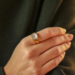 Aurelia Mae 18K Gold Plated Chunky Mother of Pearl Gold Ring Womens Gold Square Signet Ring Large Statement Ring