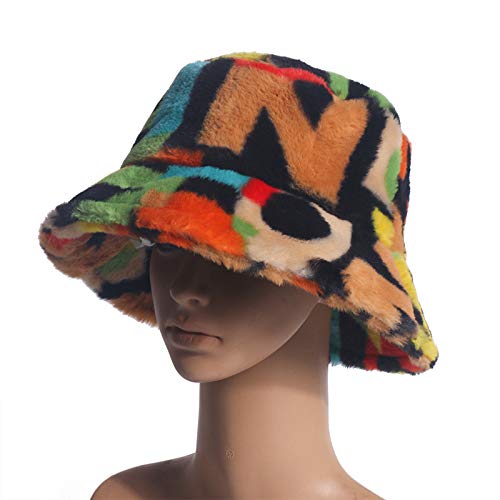 PURFANREE Women's Colorful Letter Print Faux Fur Bucket Hat Warm Fuzzy Fluffy Winter Warmer Fisherman Cap