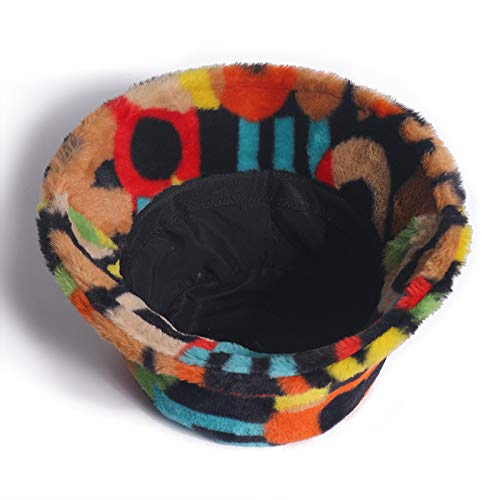 PURFANREE Women's Colorful Letter Print Faux Fur Bucket Hat Warm Fuzzy Fluffy Winter Warmer Fisherman Cap