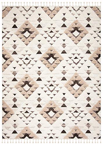 SAFAVIEH Moroccan Tassel Shag Collection X-Large Area Rug - 11' x 15', Ivory & Brown, Boho Design, Non-Shedding & Easy Care, 2-inch Thick Ideal for High Traffic Areas in Living Room, Bedroom (MTS688A)