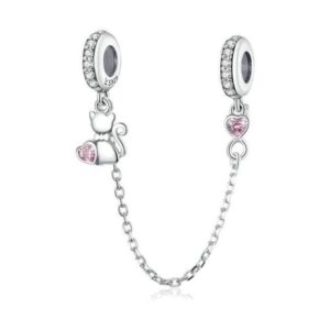 animal safety chain 925 sterling silver rubber spacer stopper beads fit pandora style bracelet (cat & heart safety chain)