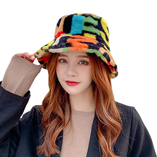 PURFANREE Women's Colorful Letter Print Faux Fur Bucket Hat Warm Fuzzy Fluffy Winter Warmer Fisherman Cap