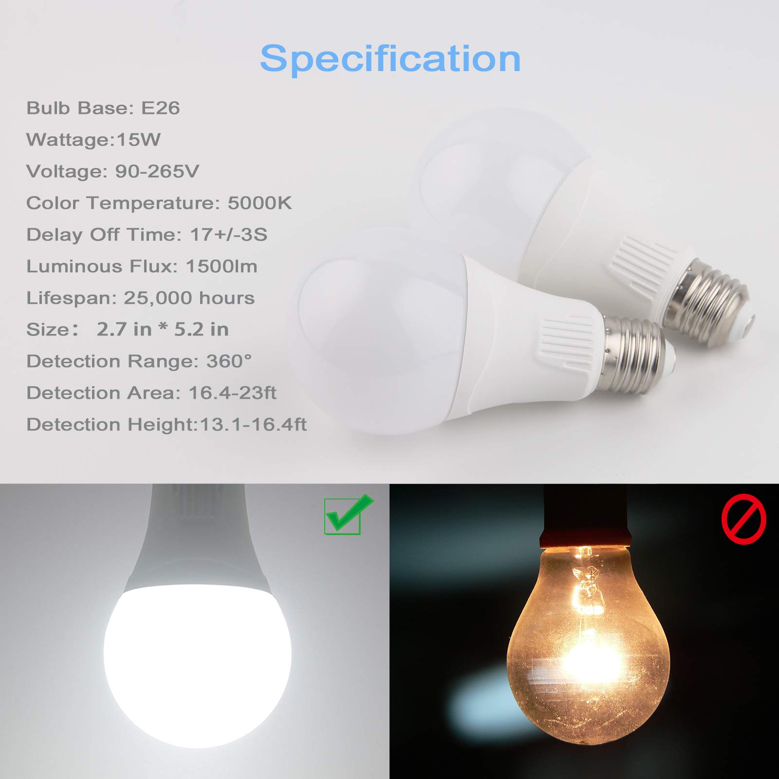 Motion Sensor Light Bulb Outdoor Indoor, 15W (100W Equivalent) Daylight 5000K 1500LM E26 A21 Radar Motion Activated Dusk to Dawn Light for Stairway, Hallway, Porch, Garage, Driveway, Patio, 2 Pack