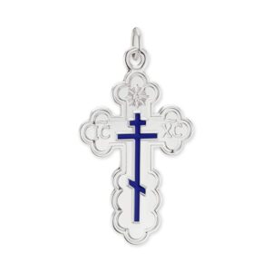 iti precious nyc solid 925 sterling silver russian orthodox cross with blue enamel (40 x 21 mm) with sterling silver chain (24 in)