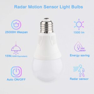 Motion Sensor Light Bulb Outdoor Indoor, 15W (100W Equivalent) Daylight 5000K 1500LM E26 A21 Radar Motion Activated Dusk to Dawn Light for Stairway, Hallway, Porch, Garage, Driveway, Patio, 2 Pack