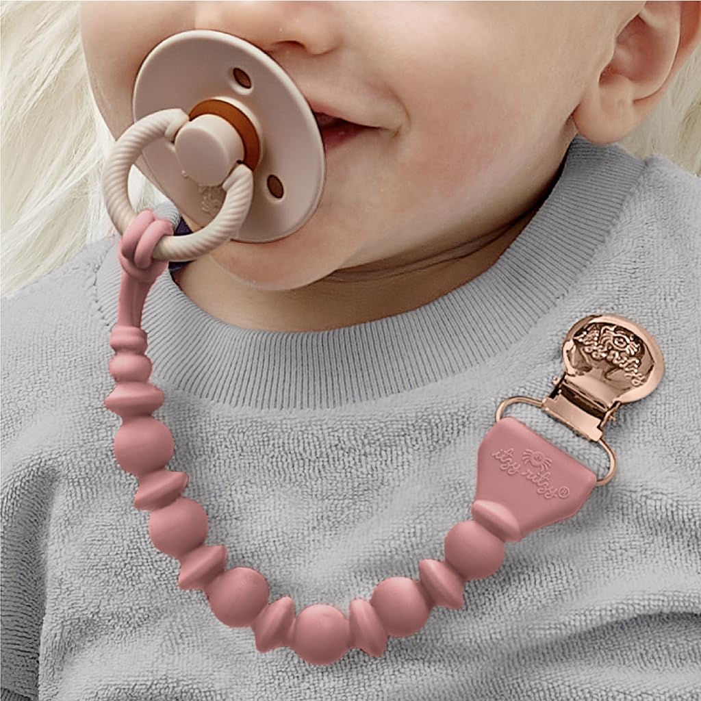 Itzy Ritzy Silicone Pacifier Clip; 100% Food Grade Silicone Pacifier Strap with Clip Keeps Pacifiers, Teethers & Small Toys in Place; Features One-Piece Design & Silicone Cord (Rosewood)