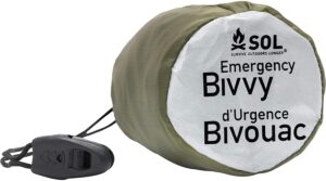 survive outdoors longer 90% emergency bivvy - comes with survival whistle & tinder paracord drawstring - add to emergency kit & hiking gear - waterproof, windproof & tear-resistant - 3.8 oz, green