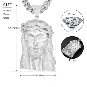 TUHE Oversize 3D Hip Hop Religious Jesus Head Pendant Necklace 18K Gold Plated AAA CZ Iced Out Chain Necklace for Men Women, Bling Bling Jewelry Charm Necklace with 24in Big Size Iced Out Cuban Chain…