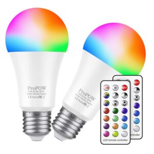 propow color changing light bulb, 10w rgbw led light bulbs with remote dimmable, multicolor decorative lighting bulb for home, stage, party,cool white 5000k (2 pack)