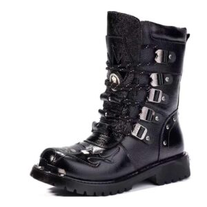 n.y.l.a. black men's lace-up military combat boots, non-slip comfortable leather high-top outdoor hiking shoes, wear-resistant motorcycle boots, steampunk gothic retro classic buttoned military boots