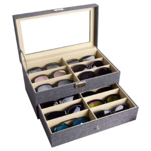 autoark linen 12 piece eyeglasses storage and sunglass glasses display drawer lockable case organizer,grey,aw-096