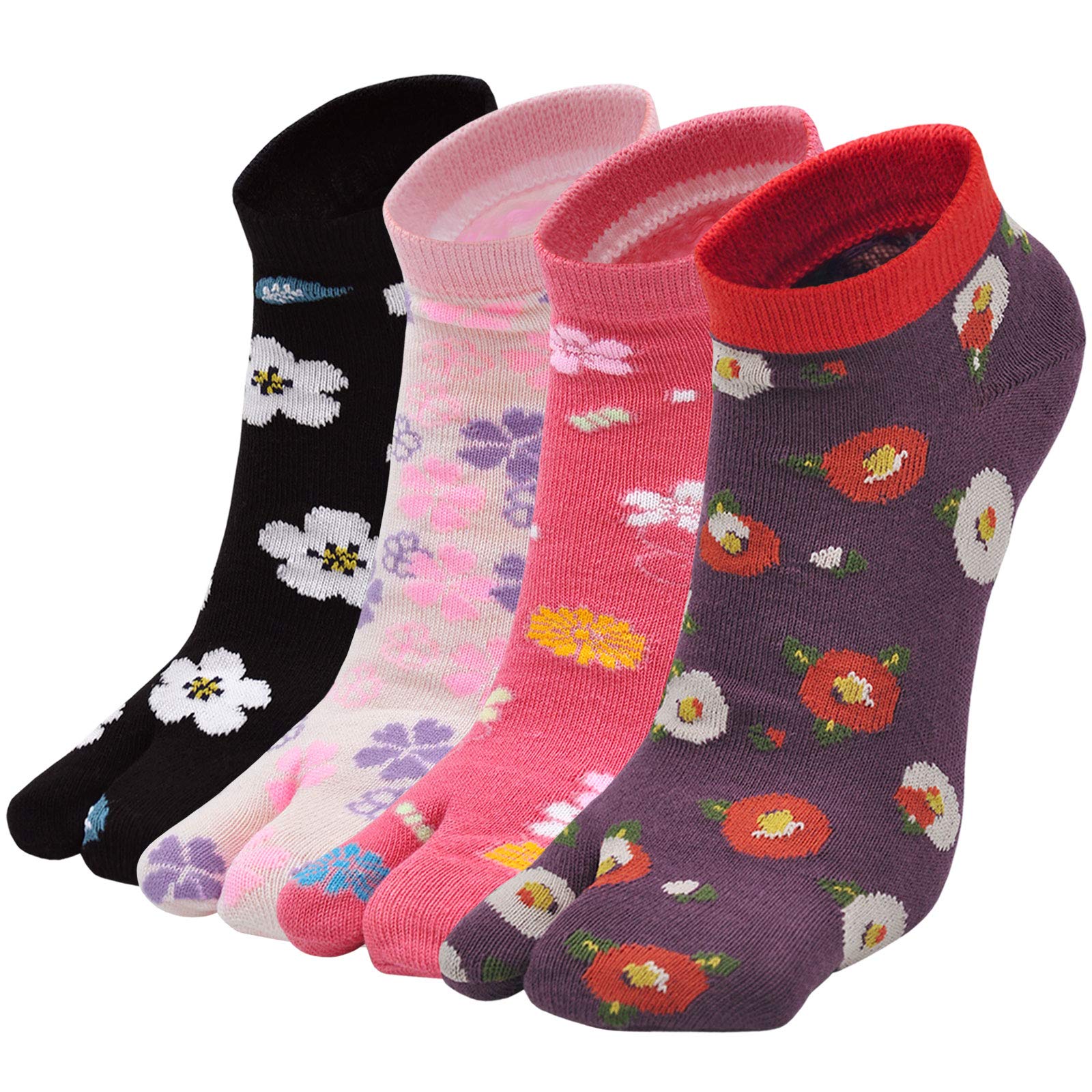 Artfasion Women Flip Flop Socks Ankle Colorful Two Toe Finger Socks for Womens Girls Running (Flover-B-4 Pairs, Women shoe size:5-10)