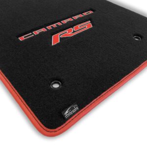 lloyd mats heavy duty premium red and black vinyl binding carpeted floor mats for chevy camaro 2010-2015 (charcoal, 2pc (double logo) - camaro rs)