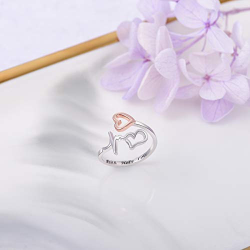 BEILIN 925 Sterling Silver Ring Faith Hope Love Ring Heartbeat Jewelry Adjustable Rings for Women Teens