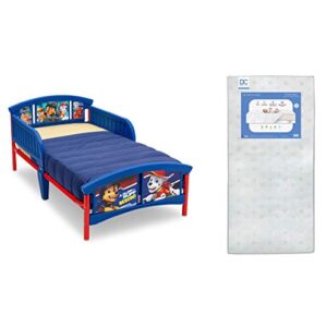 delta children plastic toddler bed, nick jr. paw patrol twinkle galaxy dual sided recycled fiber core toddler mattress (bundle)