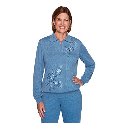 Alfred Dunner Women's Cozy Heather Floral Spliced Quilt Pattern Long Sleeve Half Zip Knit TopX-Large Denim