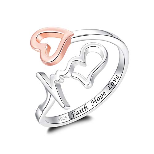 BEILIN 925 Sterling Silver Ring Faith Hope Love Ring Heartbeat Jewelry Adjustable Rings for Women Teens