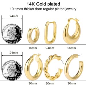 6 Pairs Chunky Gold Hoop Earrings Set for Women 14K Gold Plated Hypoallergenic Thick Open Huggie Hoop Set Jewelry for Gifts