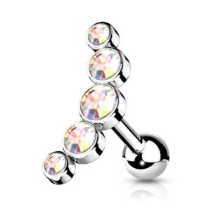 amelia fashion 16 gauge 5-round gem set curve top 316l surgical steel cartilage barbell studs (aurora borealis)