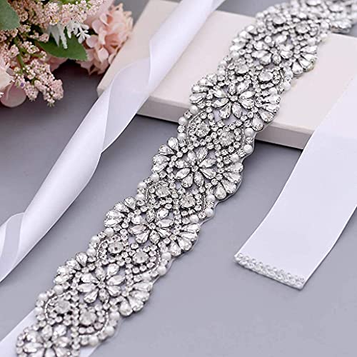 HONGMEI Rhinestone Bridal Belt Crystal Wedding Dress Belt Shiny Wedding Accessories(White)