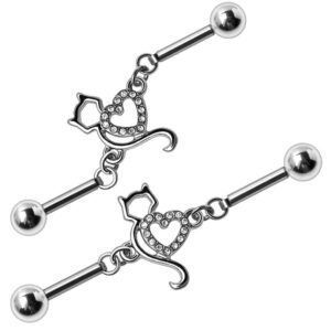 amelia fashion 14 gauge cat with cz heart chain industrial barbell 316l stainless steel (steel/clear)