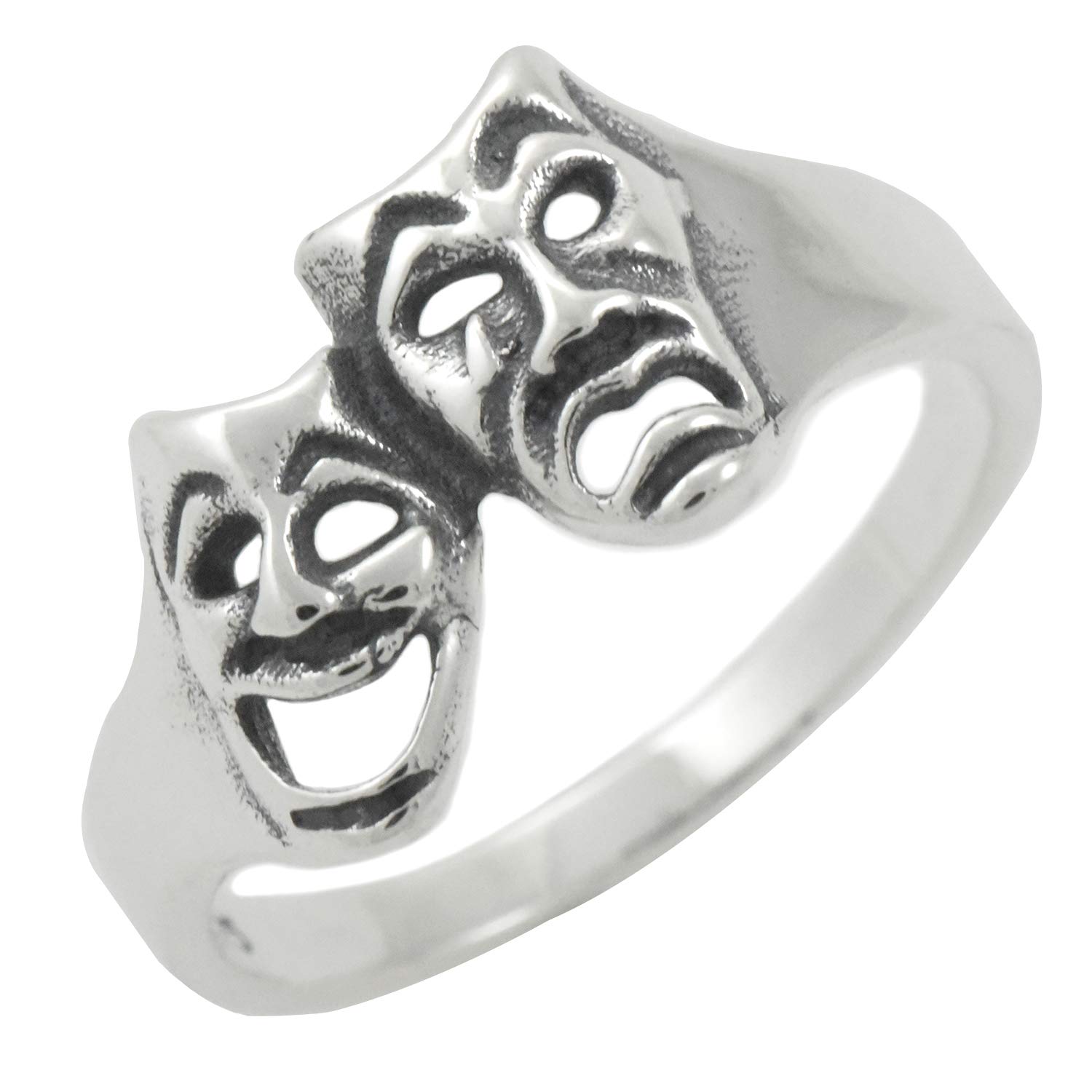 JEWELRITZY 9mm Smile Now Cry Later Masks Ring Oxidized 925 Sterling Silver Thalia Melpomene Size 5