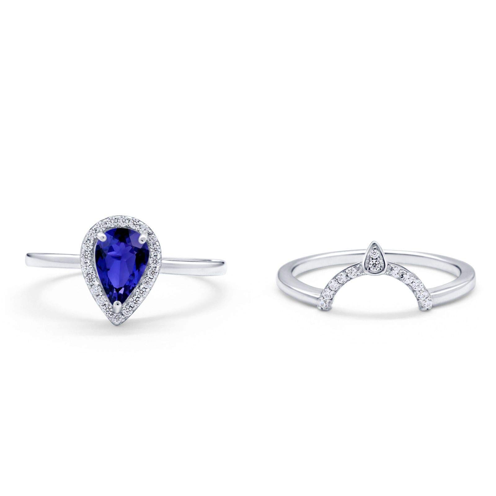 Simulated Blue Sapphire Cubic Zirconia Size-9 Two Piece Bridal Set Teardrop Wedding Engagement Ring Band Pear Round Simulated Cubic Zirconia 925 Sterling Silver