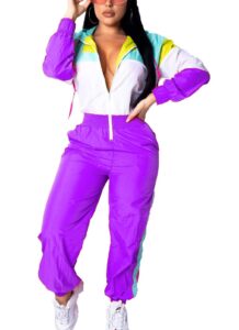 voikerdr women colorblock one piece outfits set high waist pants long sleeve zipper front windbreaker jumpsuit purple l