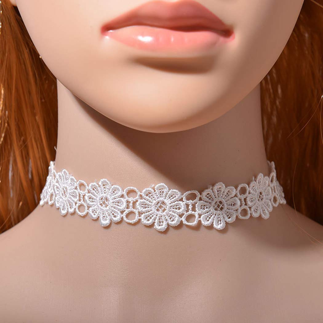 TseanYi Gothic Tattoo Choker Necklace Stretch White Lace Applique Crocheted Necklace Chain Vintage Flower Pattern Collar Necklace Jewelry for Women(White)