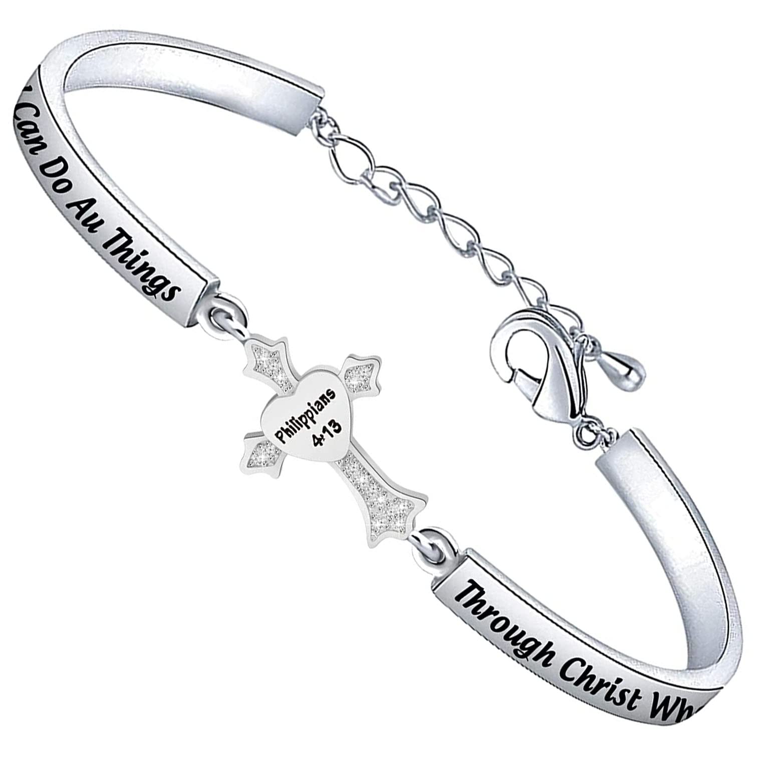 FEELMEM Verse Bible Philippians 4:13 Bracelet I Can Do All Things Through Christ Who Strengthens Me Cross Charm Bracelet Religious Jewelry Christian Gifts For Women (silver)