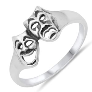 JEWELRITZY 9mm Smile Now Cry Later Masks Ring Oxidized 925 Sterling Silver Thalia Melpomene Size 5