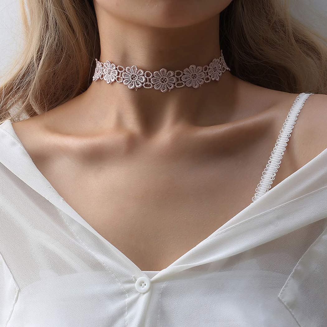 TseanYi Gothic Tattoo Choker Necklace Stretch White Lace Applique Crocheted Necklace Chain Vintage Flower Pattern Collar Necklace Jewelry for Women(White)