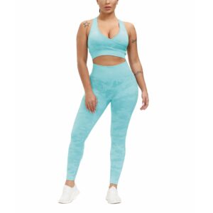 sweatyshark women's workout outfit set active 2 pieces camo seamless yoga leggings with paded sports bra racer back sky blue