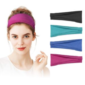 headbands for women, kuaima workout yoga headband non slip stretchy cotton headband sweat head bands for sports running fitness(4pcs)