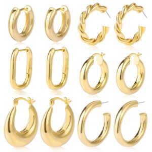 6 pairs chunky gold hoop earrings set for women 14k gold plated hypoallergenic thick open huggie hoop set jewelry for gifts