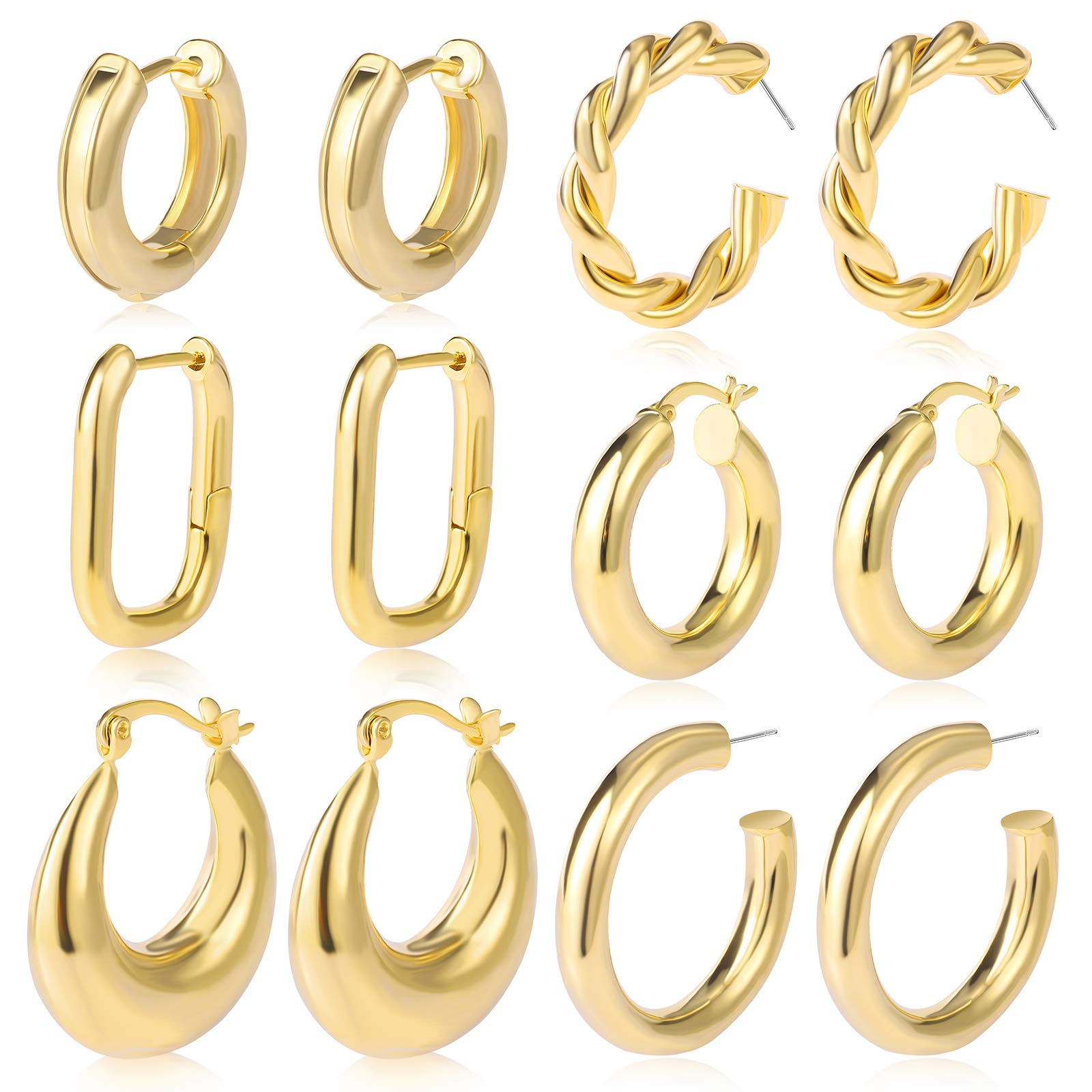 6 Pairs Chunky Gold Hoop Earrings Set for Women 14K Gold Plated Hypoallergenic Thick Open Huggie Hoop Set Jewelry for Gifts