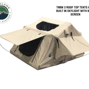 Overland Vehicle Systems TMBK 3 Person Roof Top Tent with Rain Fly Tan Body & Green Rainfly - Black Aluminum Base with Black Ladder - Universal Fitment