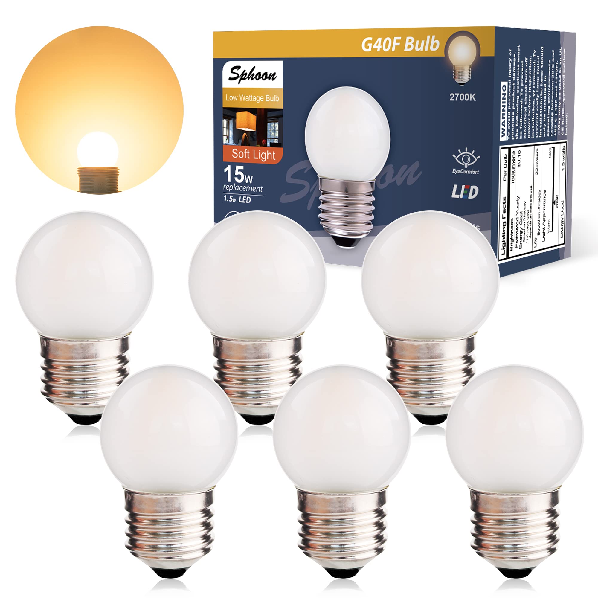 Sphoon G40 Low Watt LED Light Bulbs 1.5W Soft Warm White 2700K G14 Energy Saving Bulb 15 Watt Equivalent Lights Bulb Standard Base E26, Night Light for Bathroom, Bedroom, 150 Lumen, 90+ Ra, Pack of 6