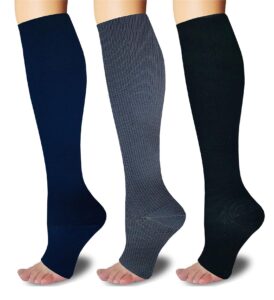 3pairs toeless open toe 15-20mmh compression socks for men women support knee high stockings (gray+navy+black, l/xl)