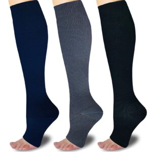 3Pairs Toeless Open Toe 15-20mmH Compression Socks for Men Women Support Knee High Stockings (Gray+Navy+Black, L/XL)