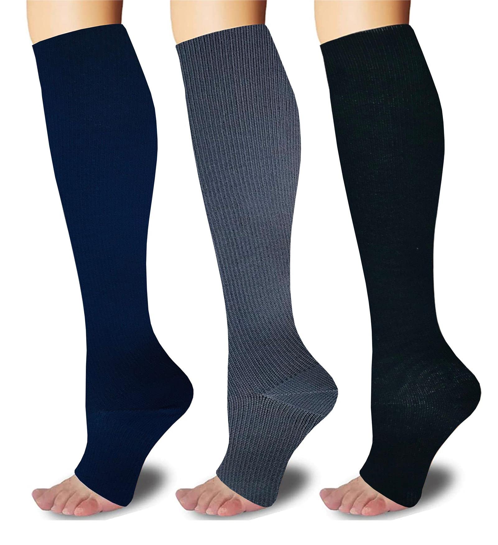 3Pairs Toeless Open Toe 15-20mmH Compression Socks for Men Women Support Knee High Stockings (Gray+Navy+Black, L/XL)